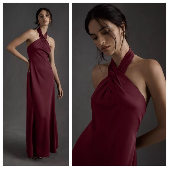BHLDN | Dresses | New Bhldn Ruby Twist Halter Satin Maxi Gown Dress Dark Berry Anthropologie ...